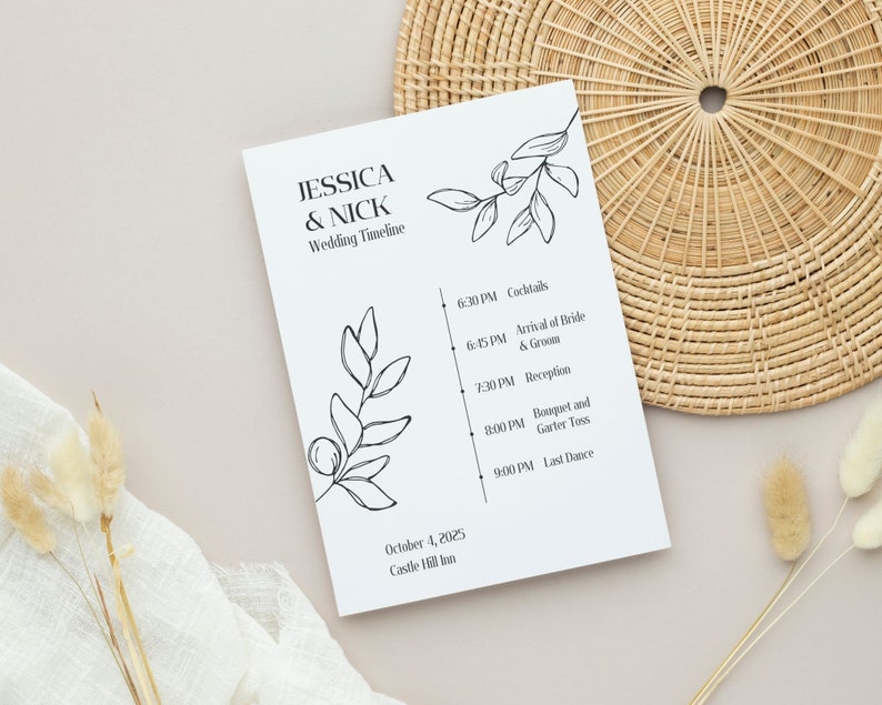Minimalist Wedding Day Timeline Card Template, Modern Wedding Itinerary ...