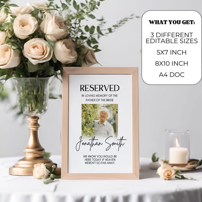 Reserved in Memory Sign Template, Wedding Memorial Sign Template, in ...
