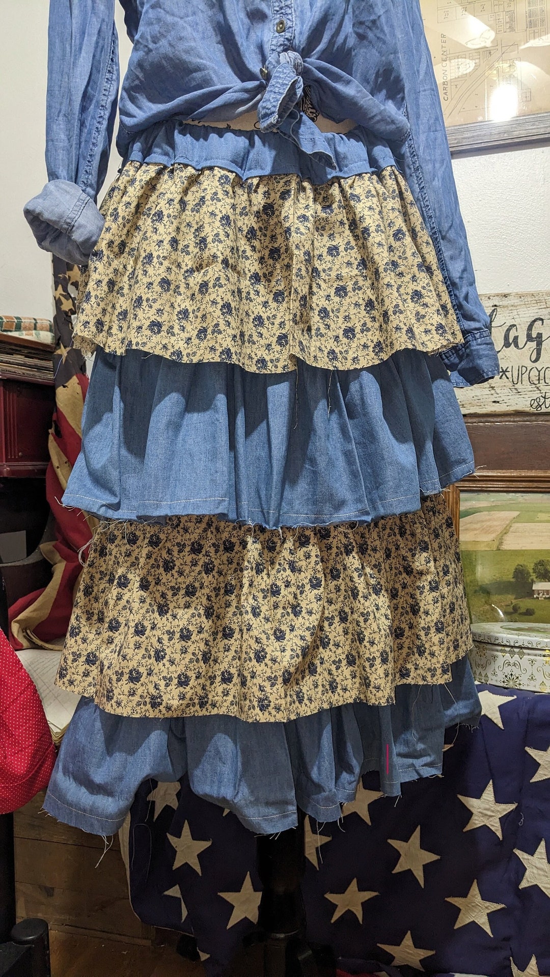 Denim Skirt, Tiered Skirt, Denim and Floral Skirt, Ruffled Skirt ...