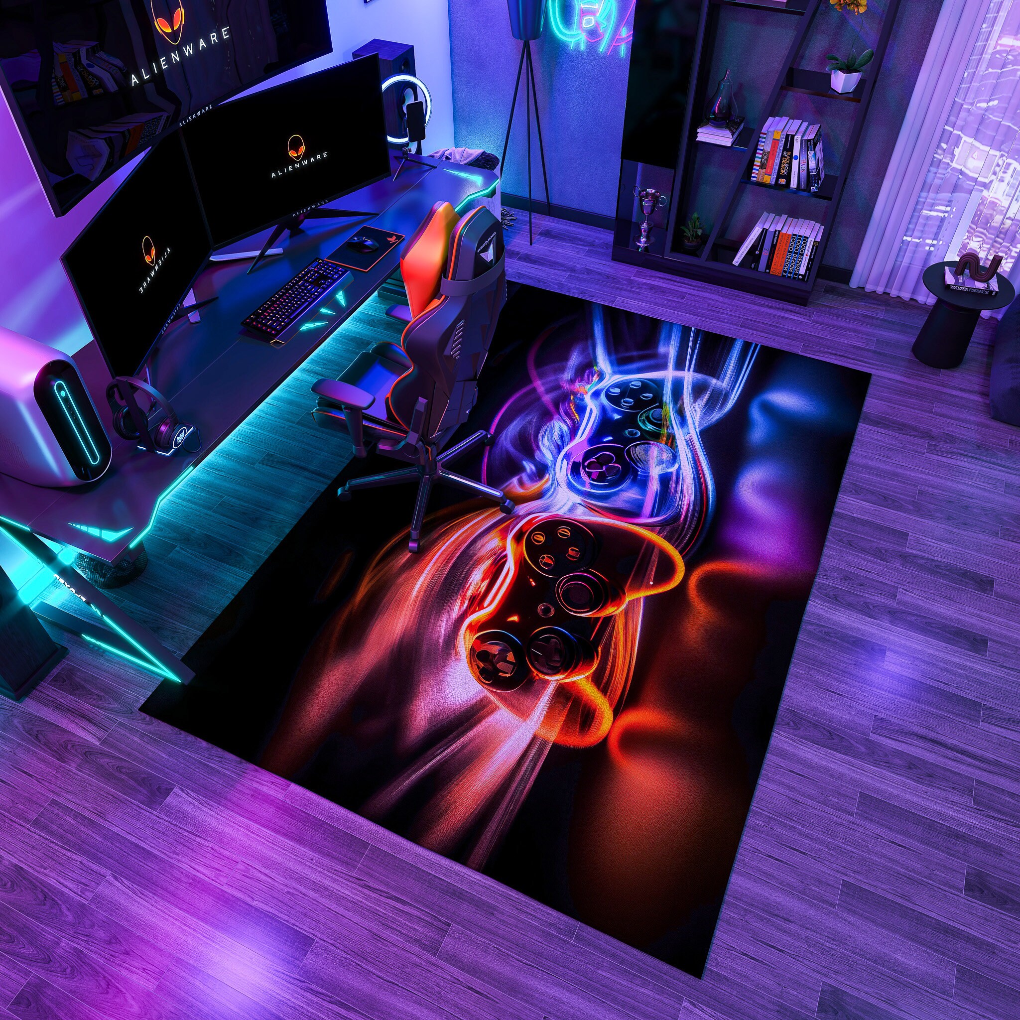 Vibrant Gamer Room Rug, Game Controller, Neon Game Controller, Gaming ...
