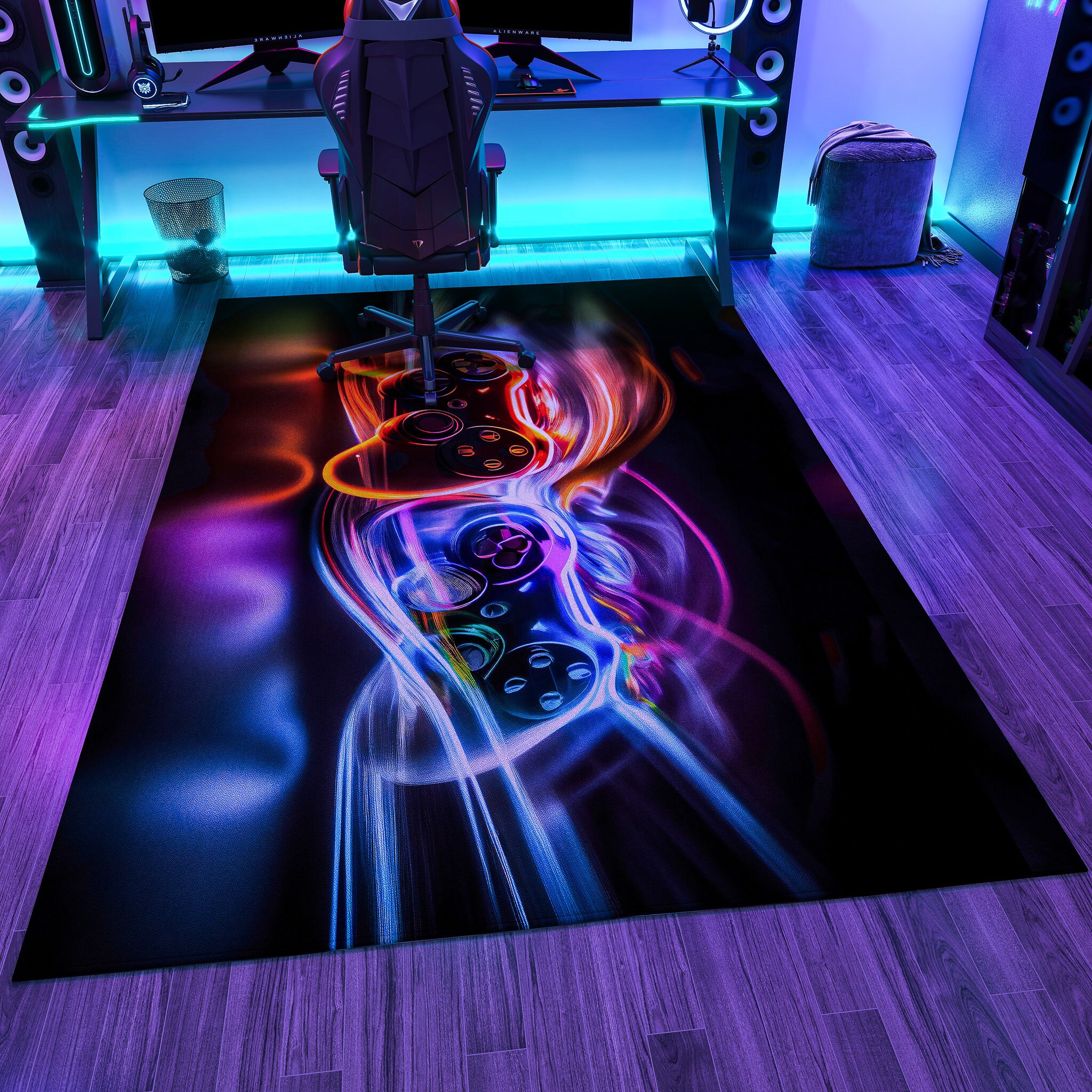 Vibrant Gamer Room Rug, Game Controller, Neon Game Controller, Gaming ...