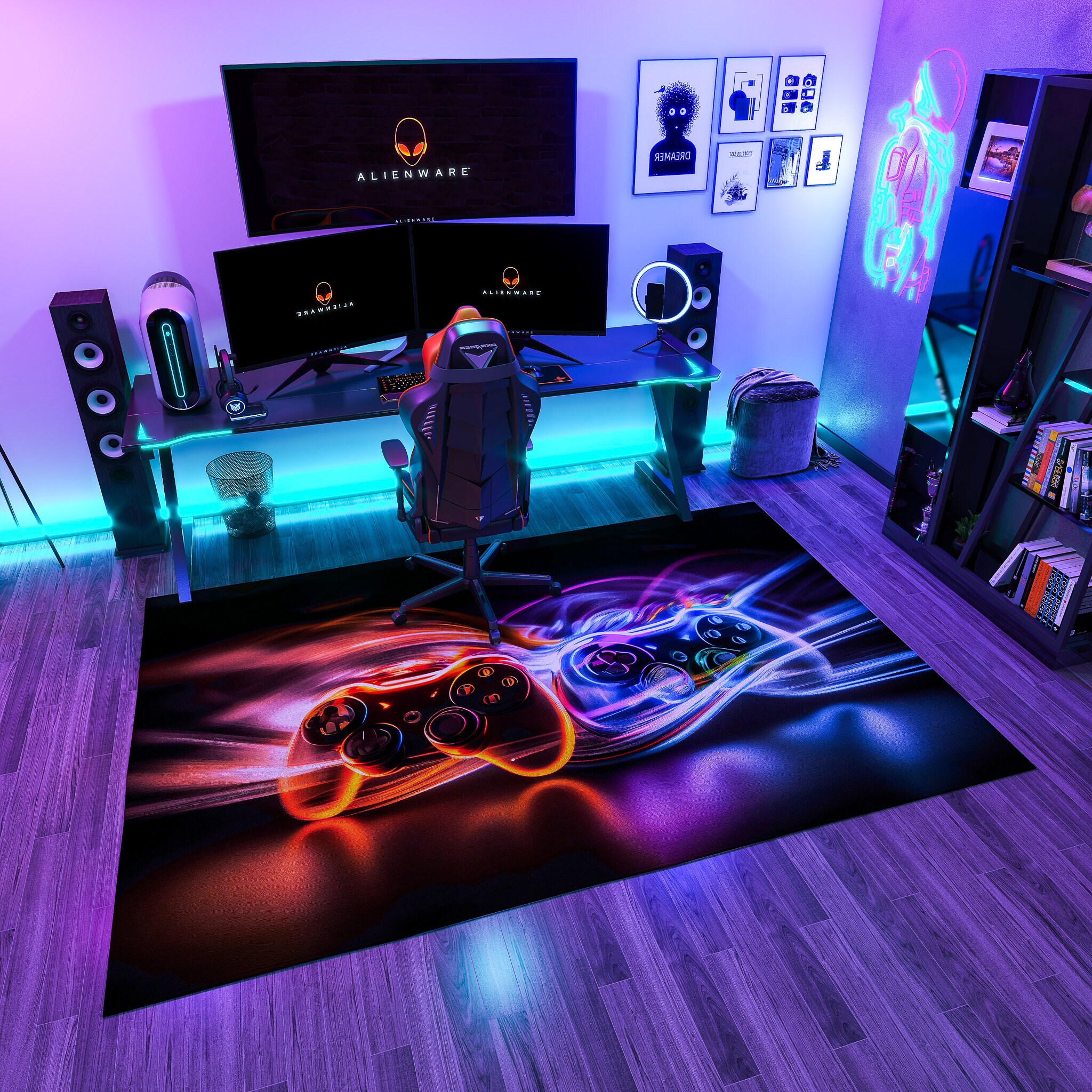 Vibrant Gamer Room Rug, Game Controller, Neon Game Controller, Gaming ...