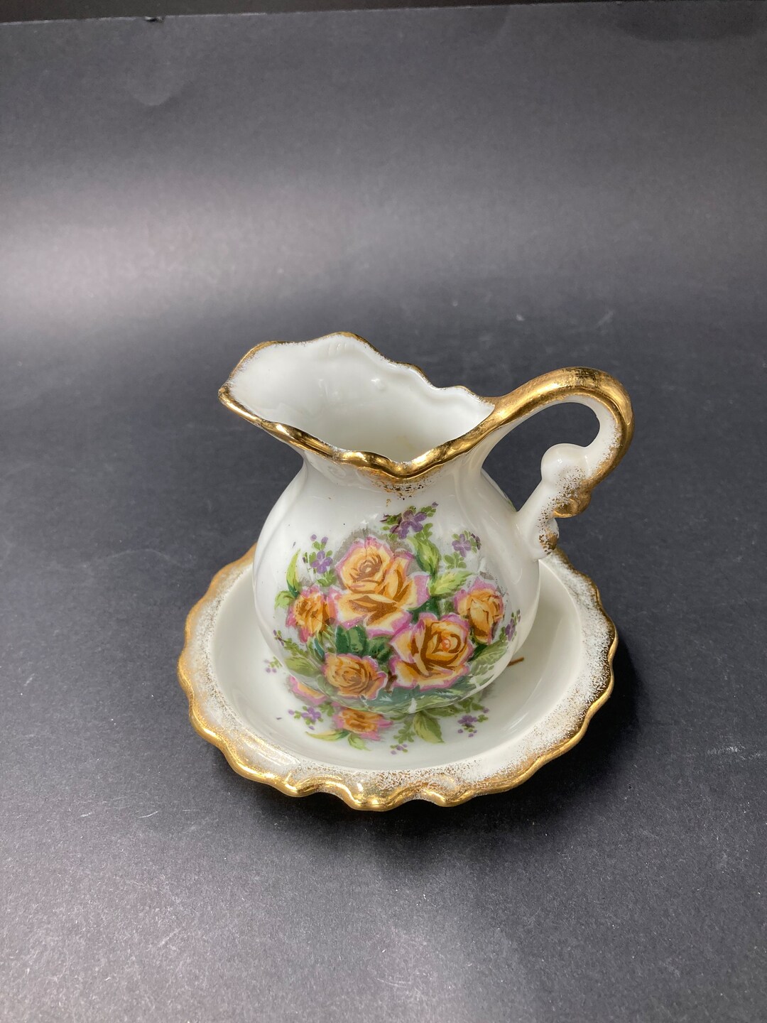 Vintage Tilso Mini Hand-painted Floral Roses Water Pitcher and Saucer ...