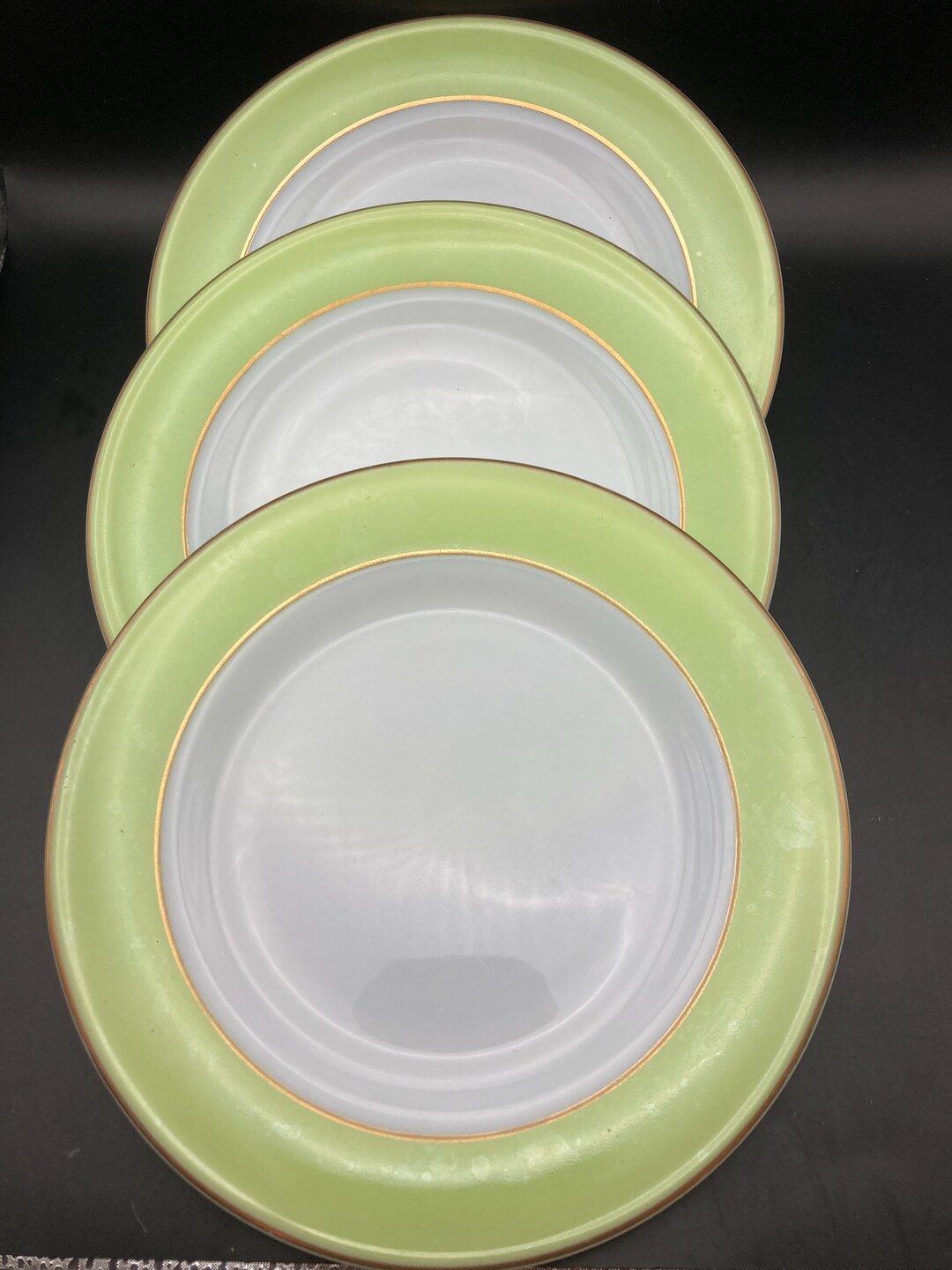 Pyrex MCM Lime Green Band W/gold Trim Milk Glass 8" Plates Set of 3 ...