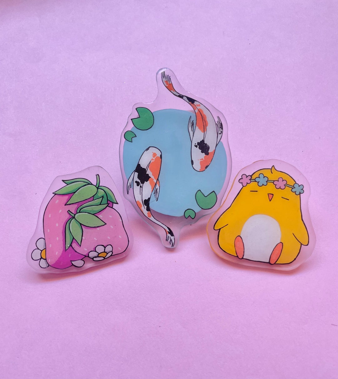 Single Handmade Cute Clear Resin Pins Koi Fish Strawberry Chick - Etsy