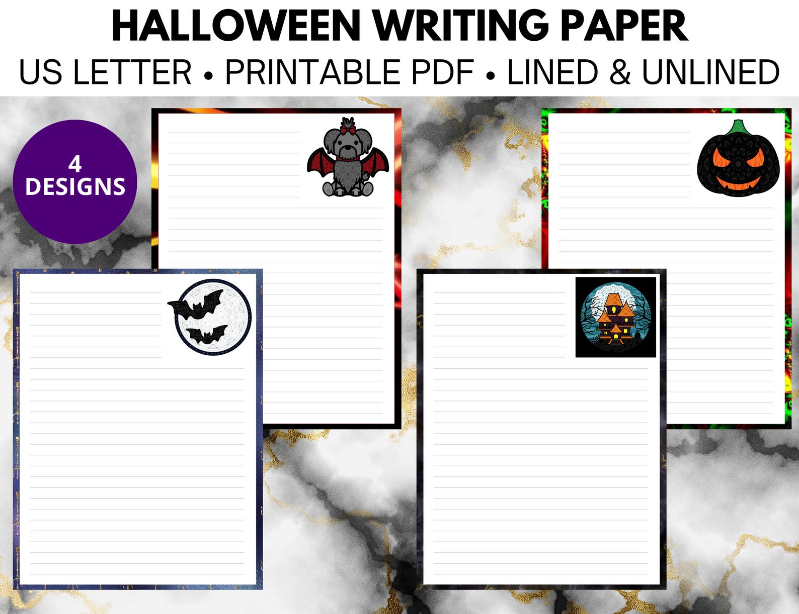 Halloween Writing Paper Printable | Bundle of 4 Designs | Lined Unlined ...