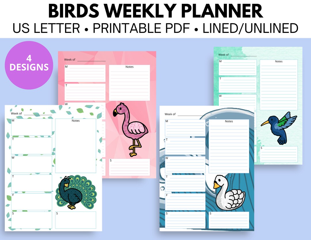 Colorful Birds Weekly Planner | Cute Set Printables Bundle 4 Designs ...