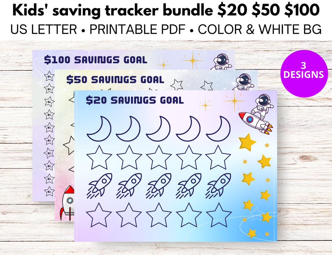 Kids Saving Tracker Bundle 20 50 100 Dollars | Printable PDF | Savings ...