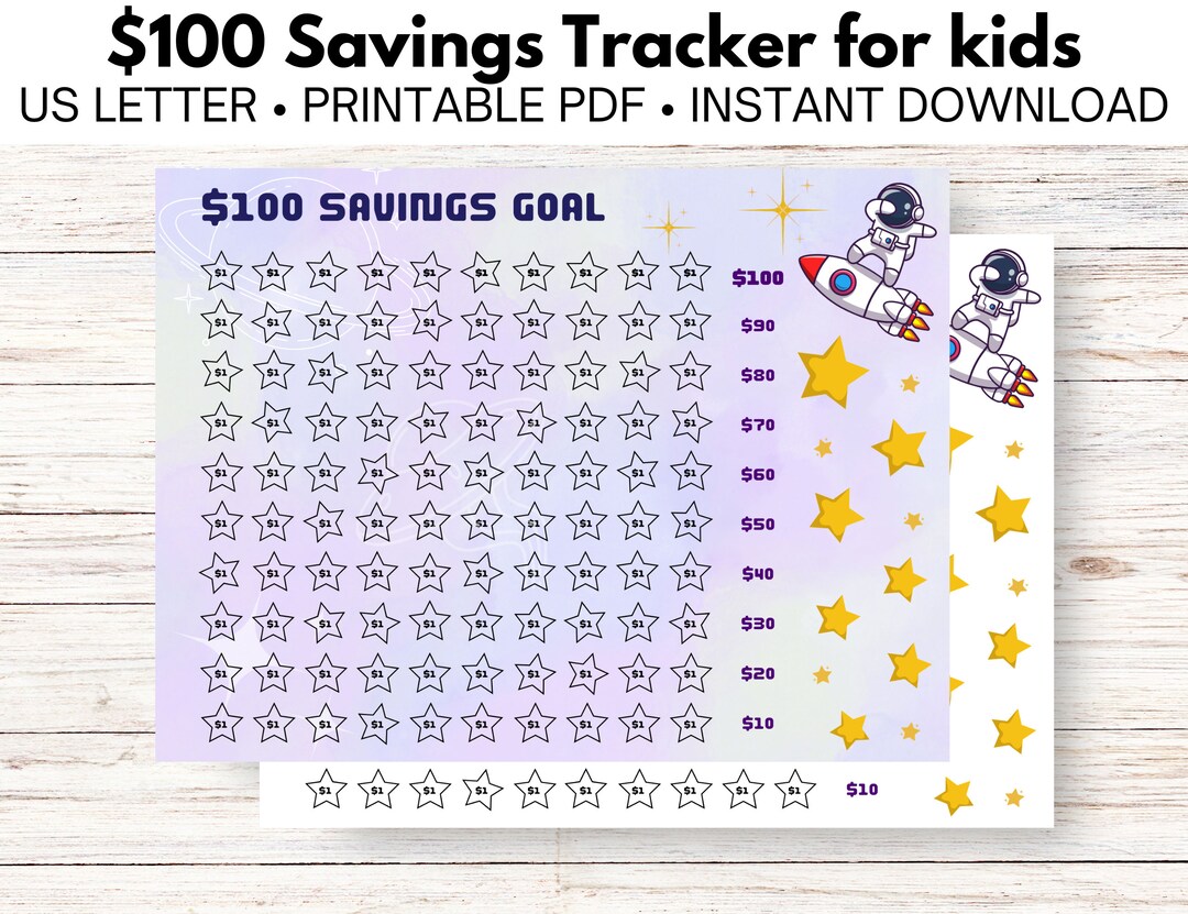 Savings Goal Tracker 100 Dollars for Kids - Visual Progress Printable ...