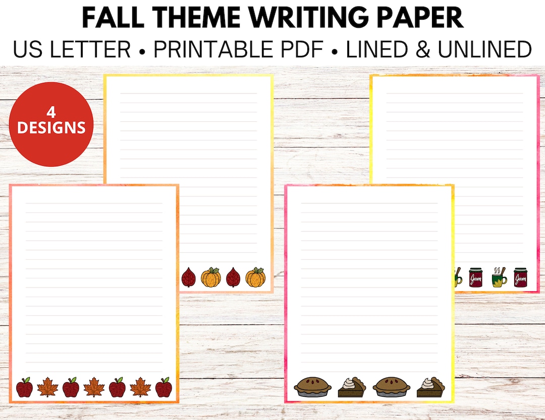 Fall Themed Writing Paper Printable | Bundle of 4 Designs | Lined ...