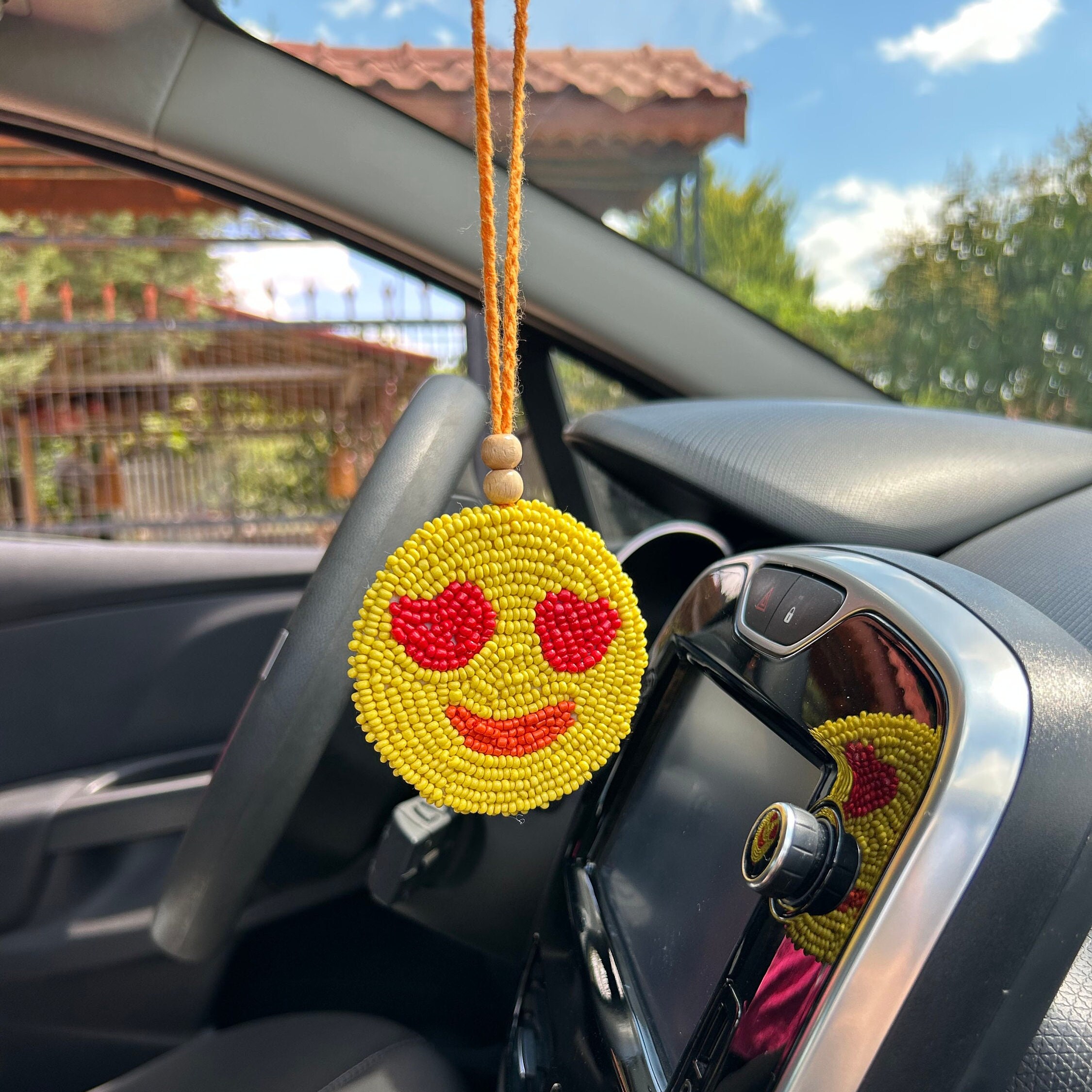 Joyful Beaded Smile Face Emoji Rear View Mirror Accessory Handcrafted ...
