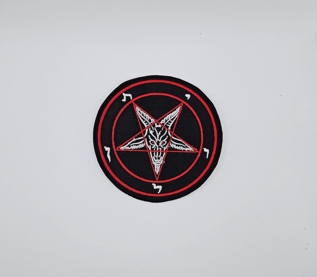 Baphomet Sigil White Goat, Red Pentagram Circle Border Embroidered ...