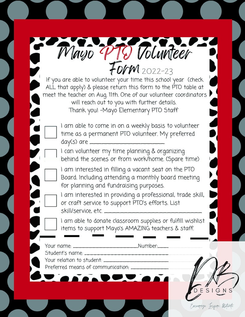 Printable Editable Digital DOWNLOAD PTO PTA Volunteer Form Parent Sign ...