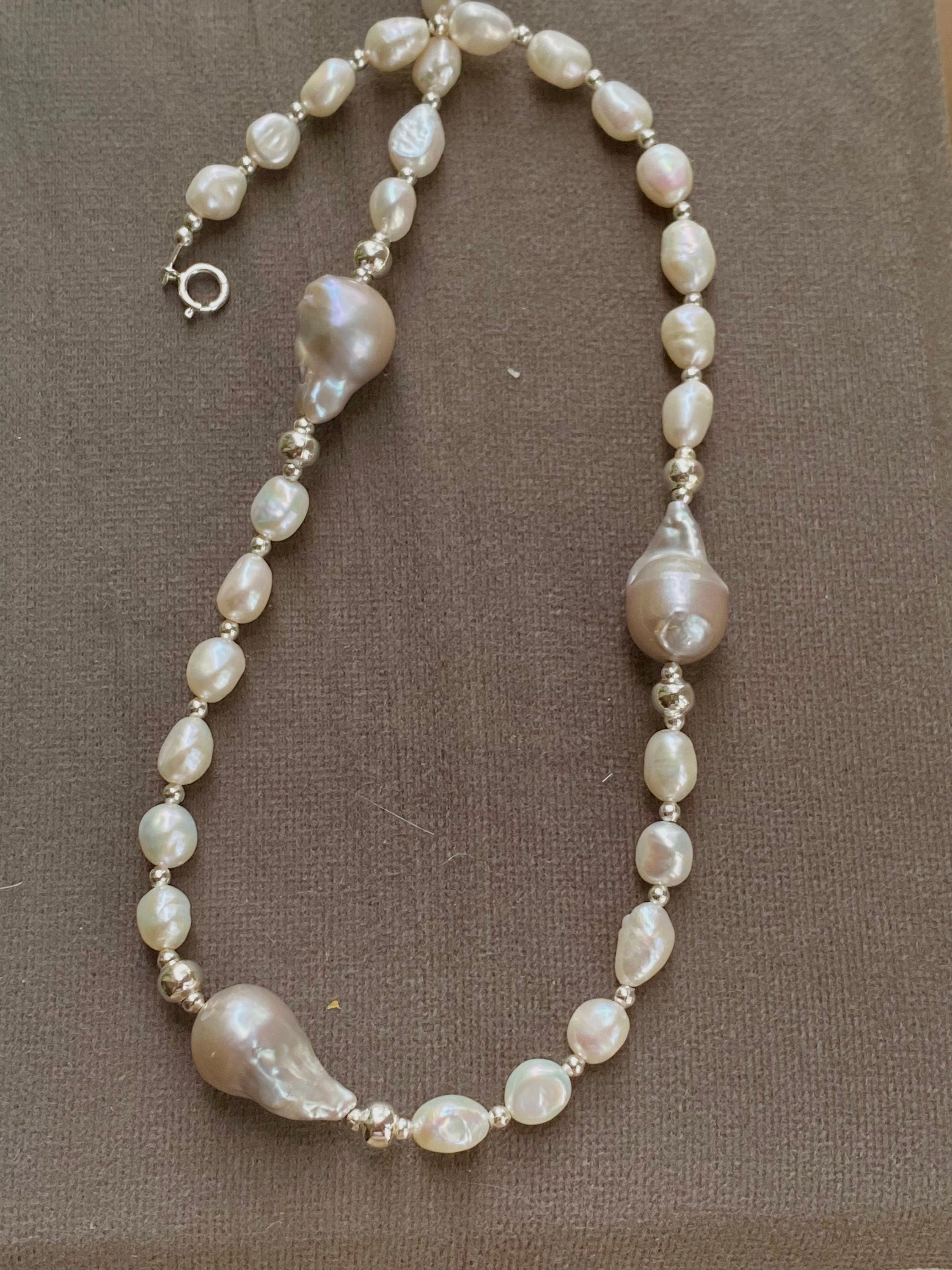 High Luster Silver Baroque Pearl and Pink Blush Biwa Pearl Adjustable ...