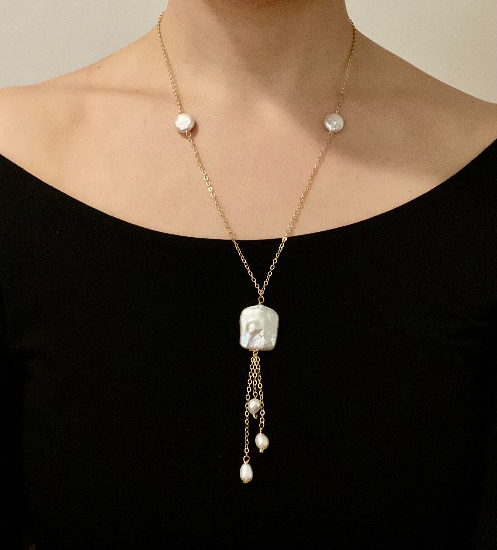 Baroque Square and Flat Coin Pearls on Long Chain Neckless. Freshwater ...