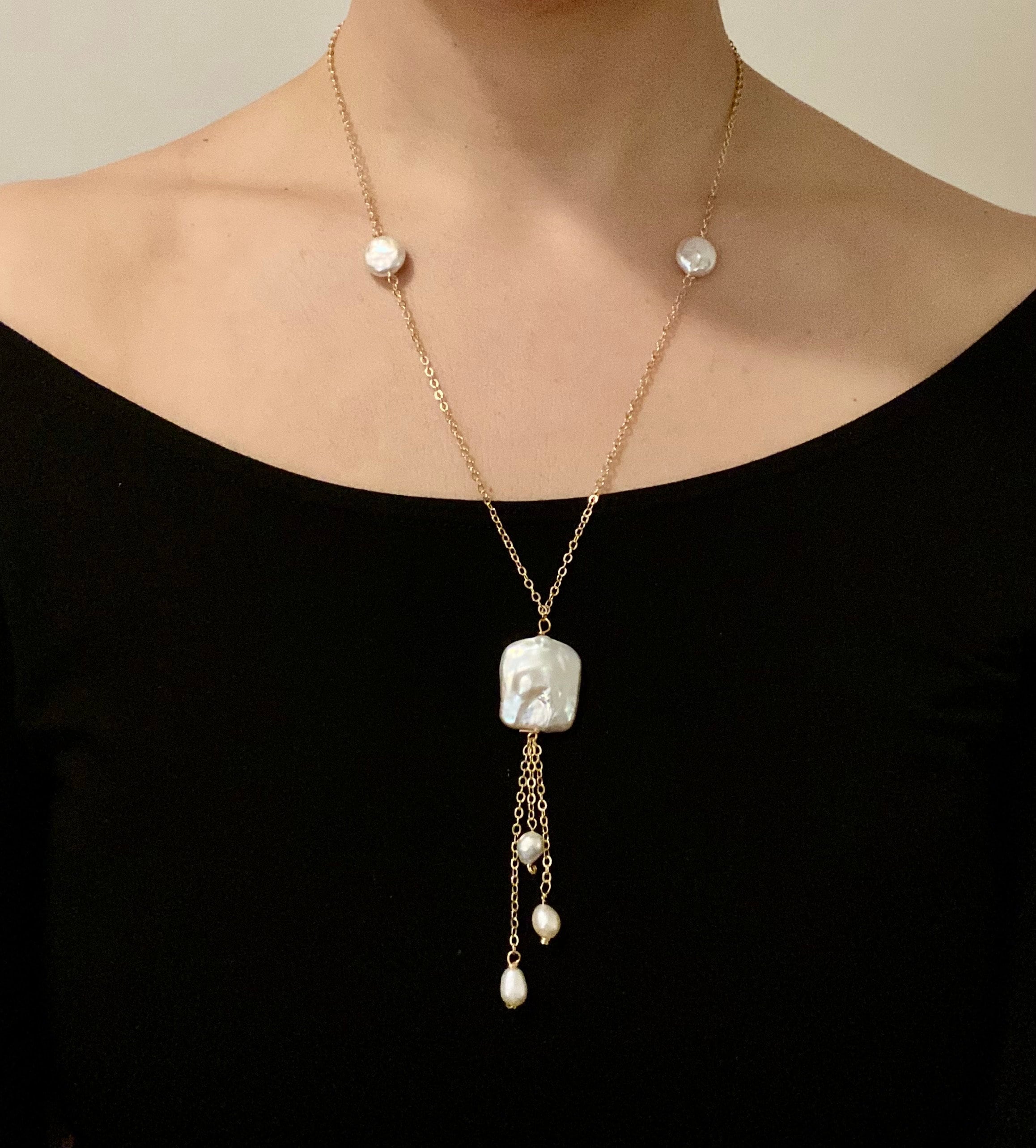 Baroque Square and Flat Coin Pearls on Long Chain Neckless. Freshwater ...