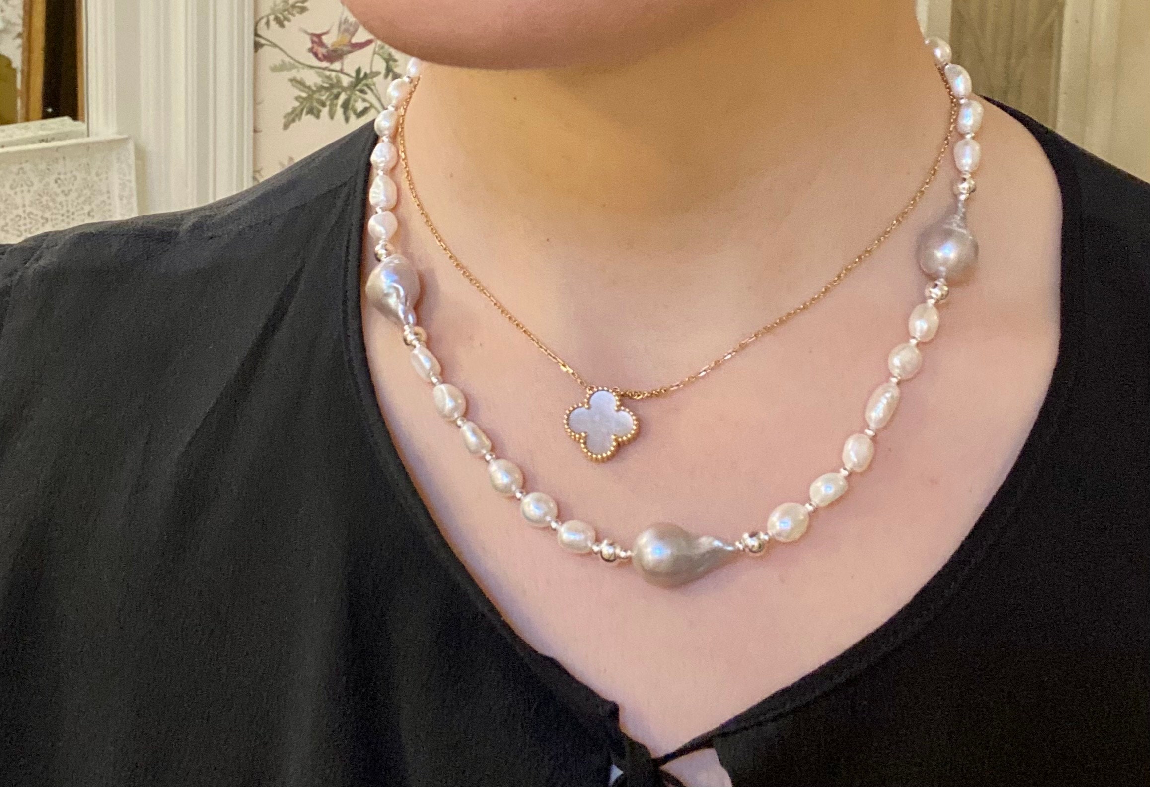 High Luster Silver Baroque Pearl and Pink Blush Biwa Pearl Adjustable ...