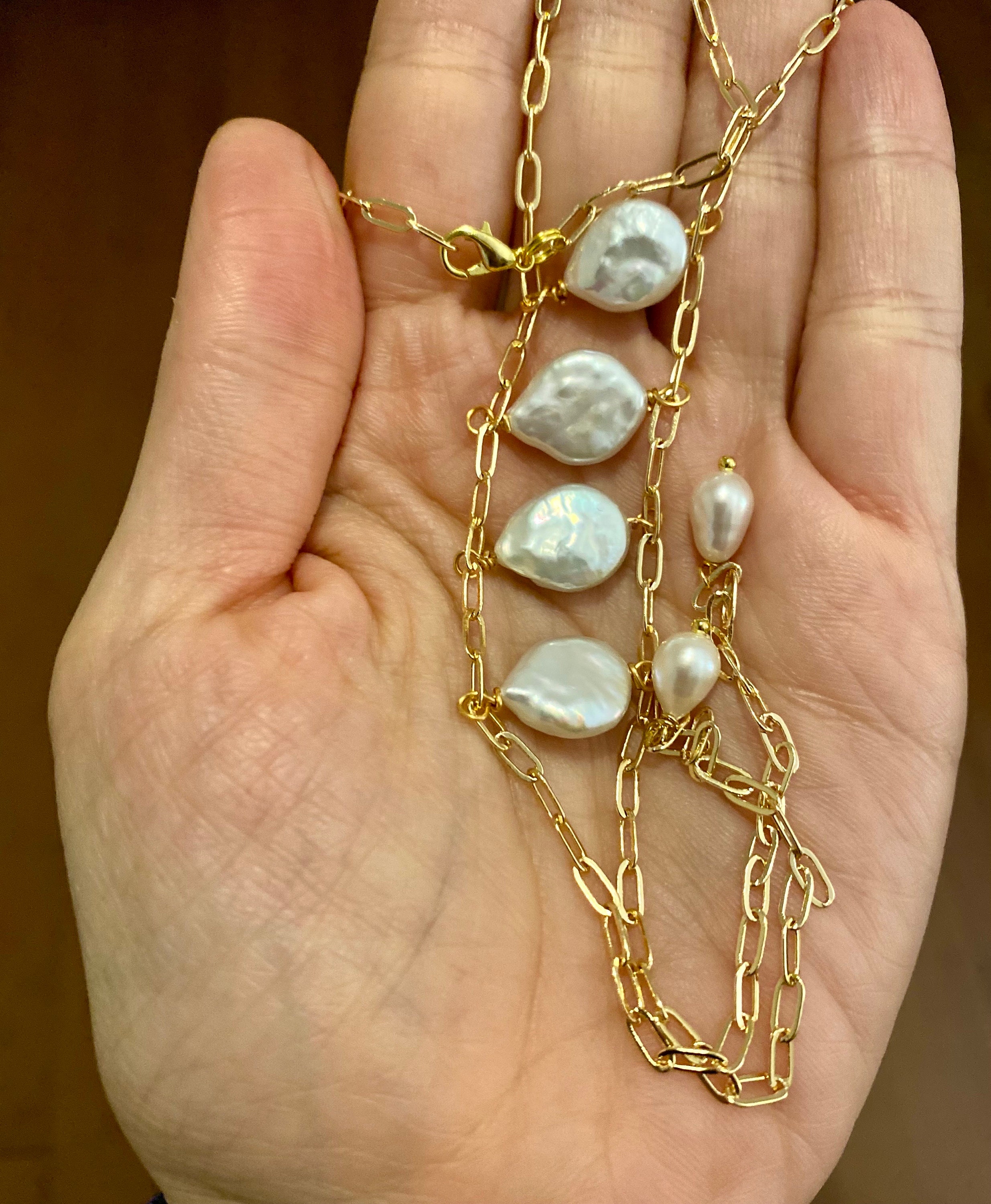 Baroque Square and Flat Coin Pearls on Long Chain Neckless. Freshwater ...