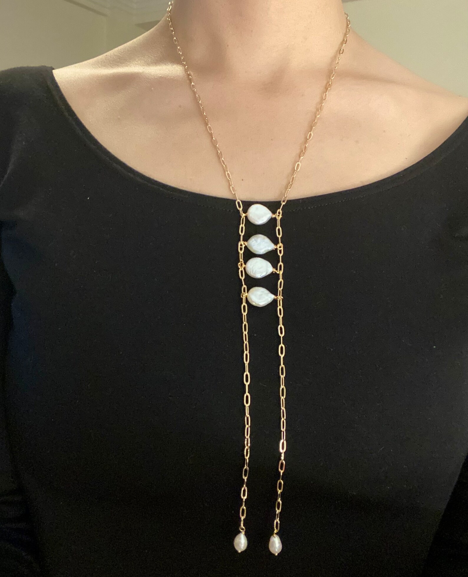 Baroque Square and Flat Coin Pearls on Long Chain Neckless. Freshwater ...