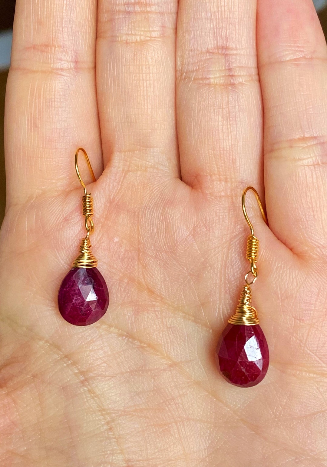 Natural Ruby Briolette Teardrop Ruby Gold Wrapped Dangle Earrings, July ...