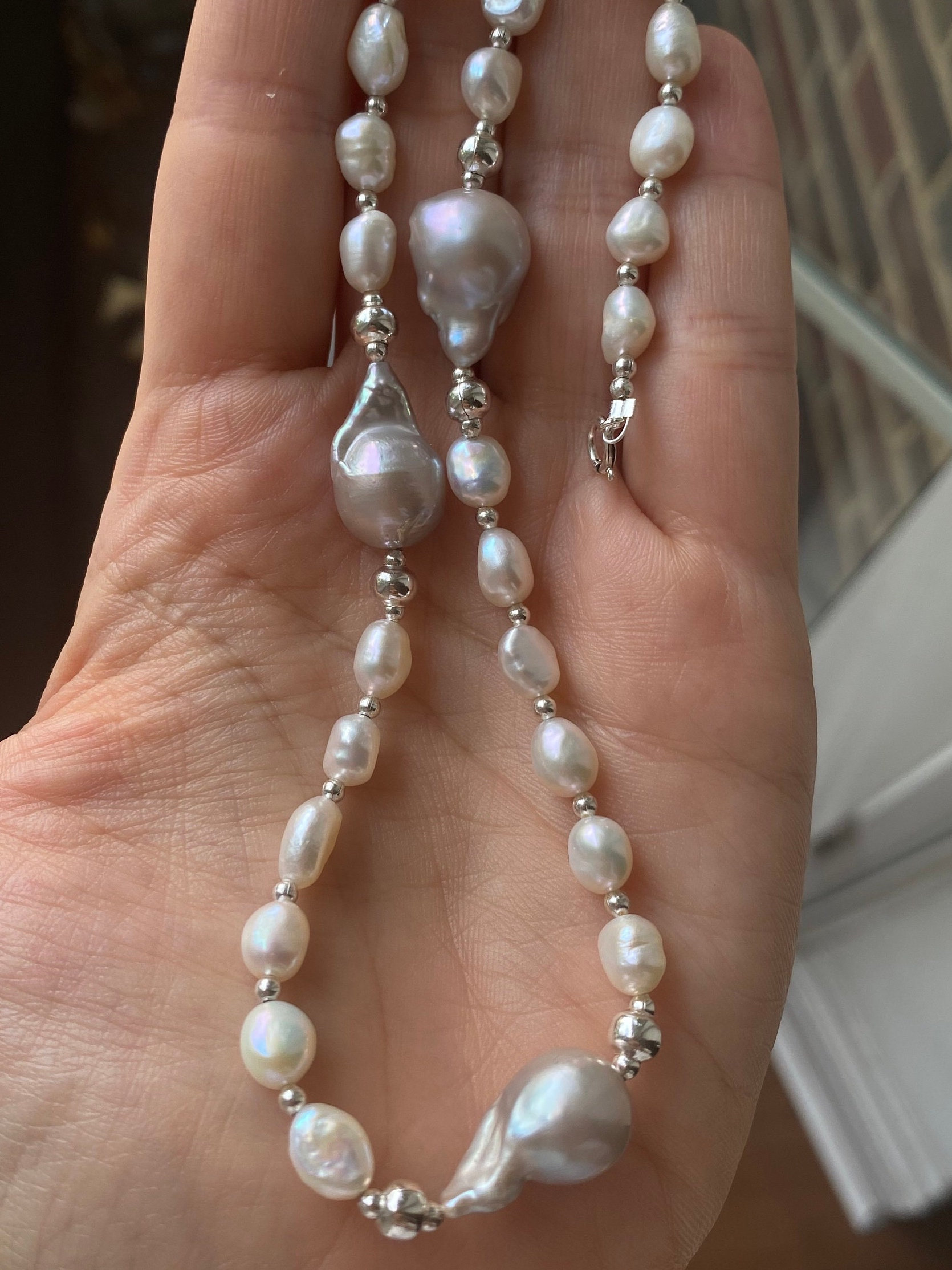 High Luster Silver Baroque Pearl and Pink Blush Biwa Pearl Adjustable ...