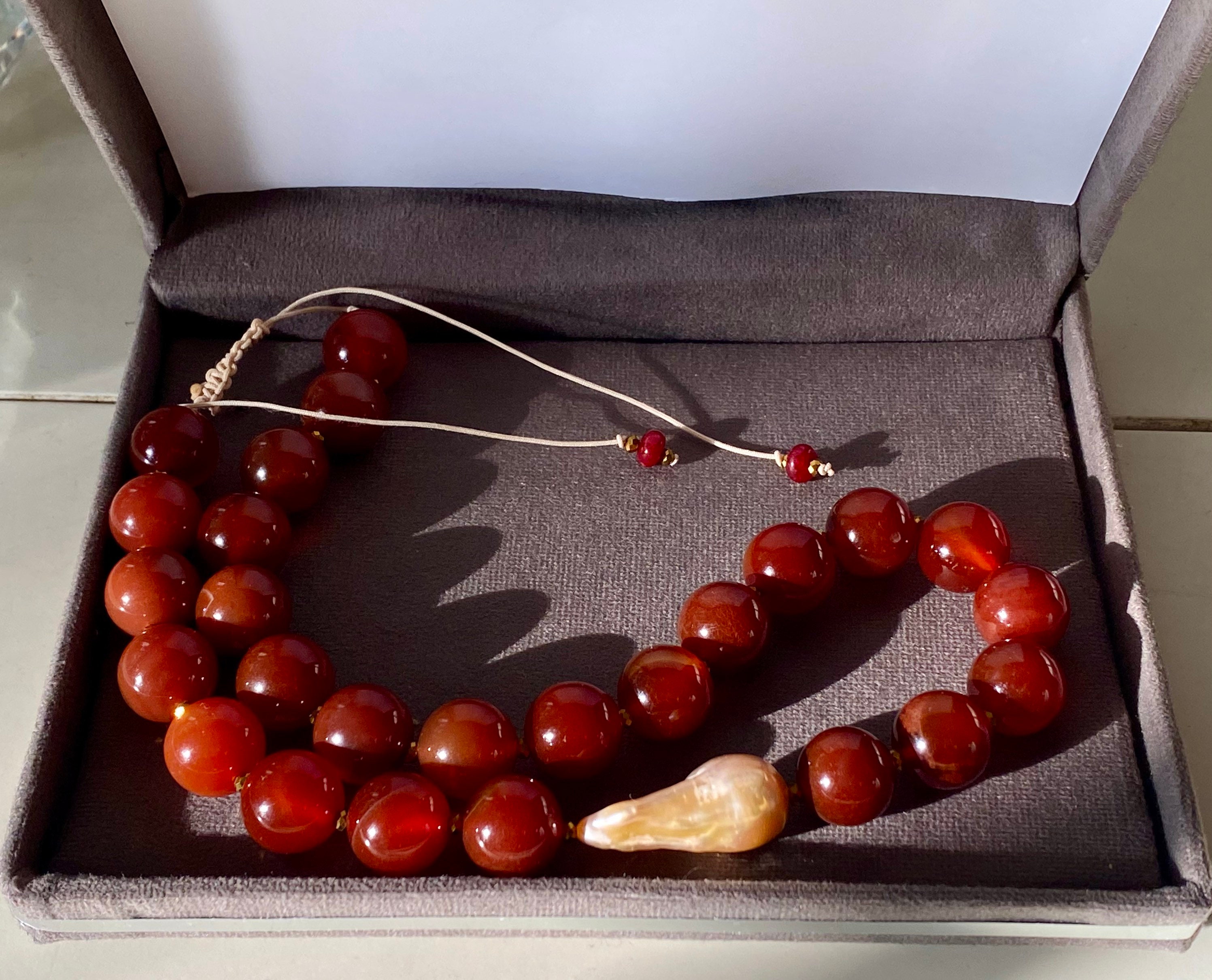 Large Red Smooth Carnelian Stone and Pink Blush Large Baroque Pearl ...