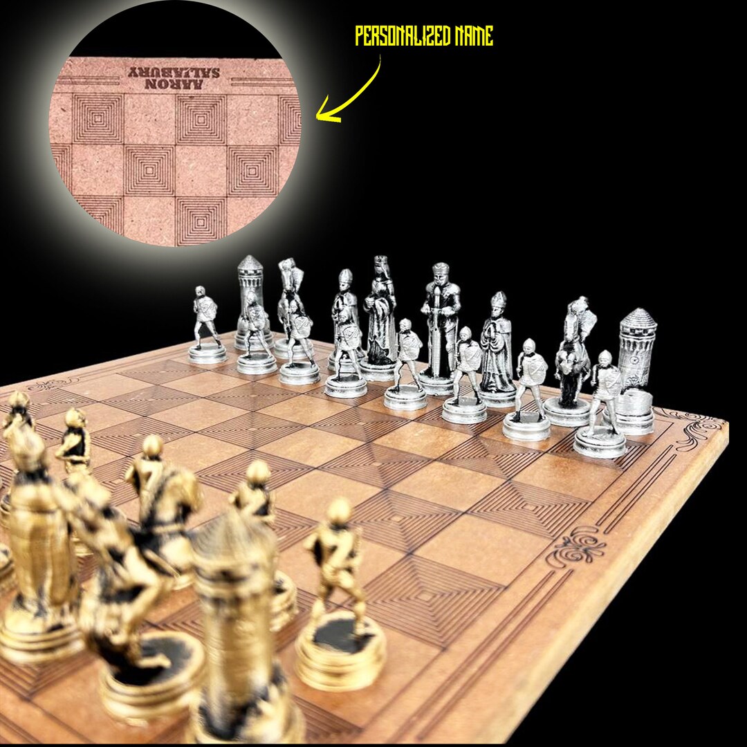 Metal German Knight Chess Set: Personalized Laser Engraved Wood Board ...