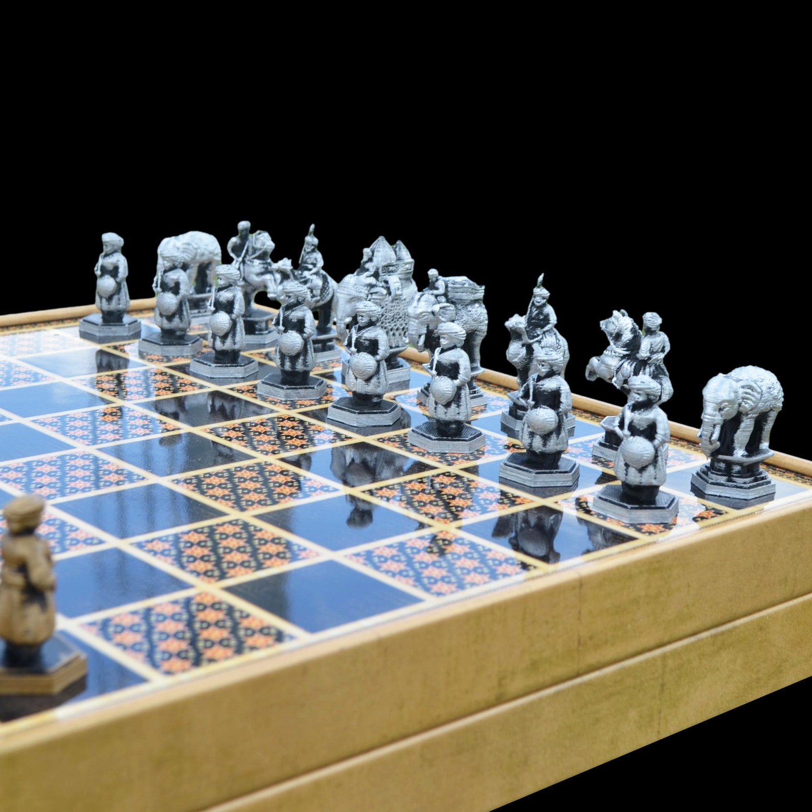 Handmade Indian Chess Set: Personalized Metal Pieces, Storage Board (14 ...