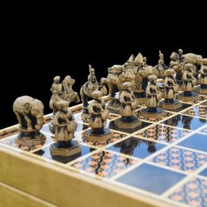 Handmade Indian Chess Set: Personalized Metal Pieces, Storage Board (14 ...