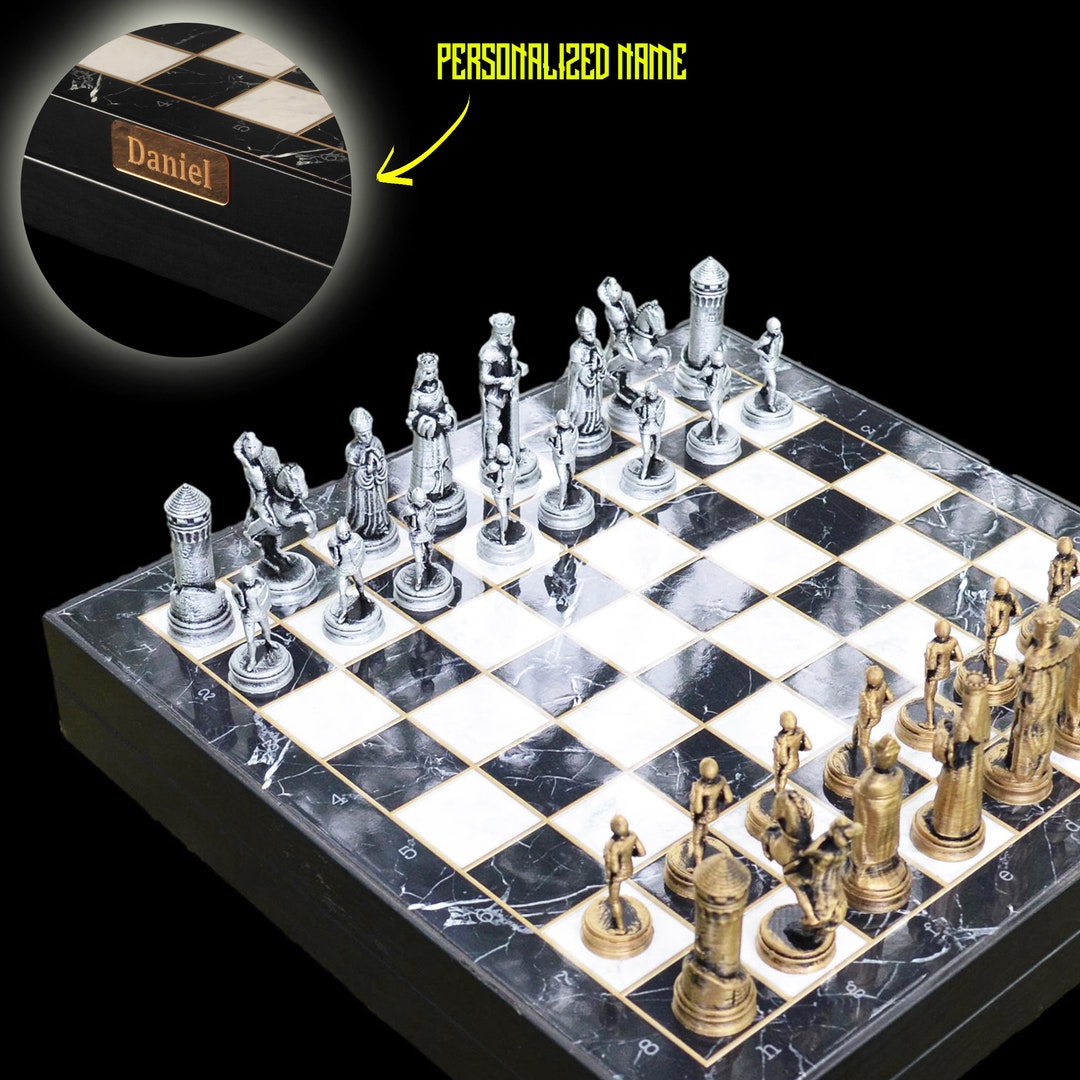 Handmade Metal Chess Set With Marble Pattern Personalized Chessboard ...