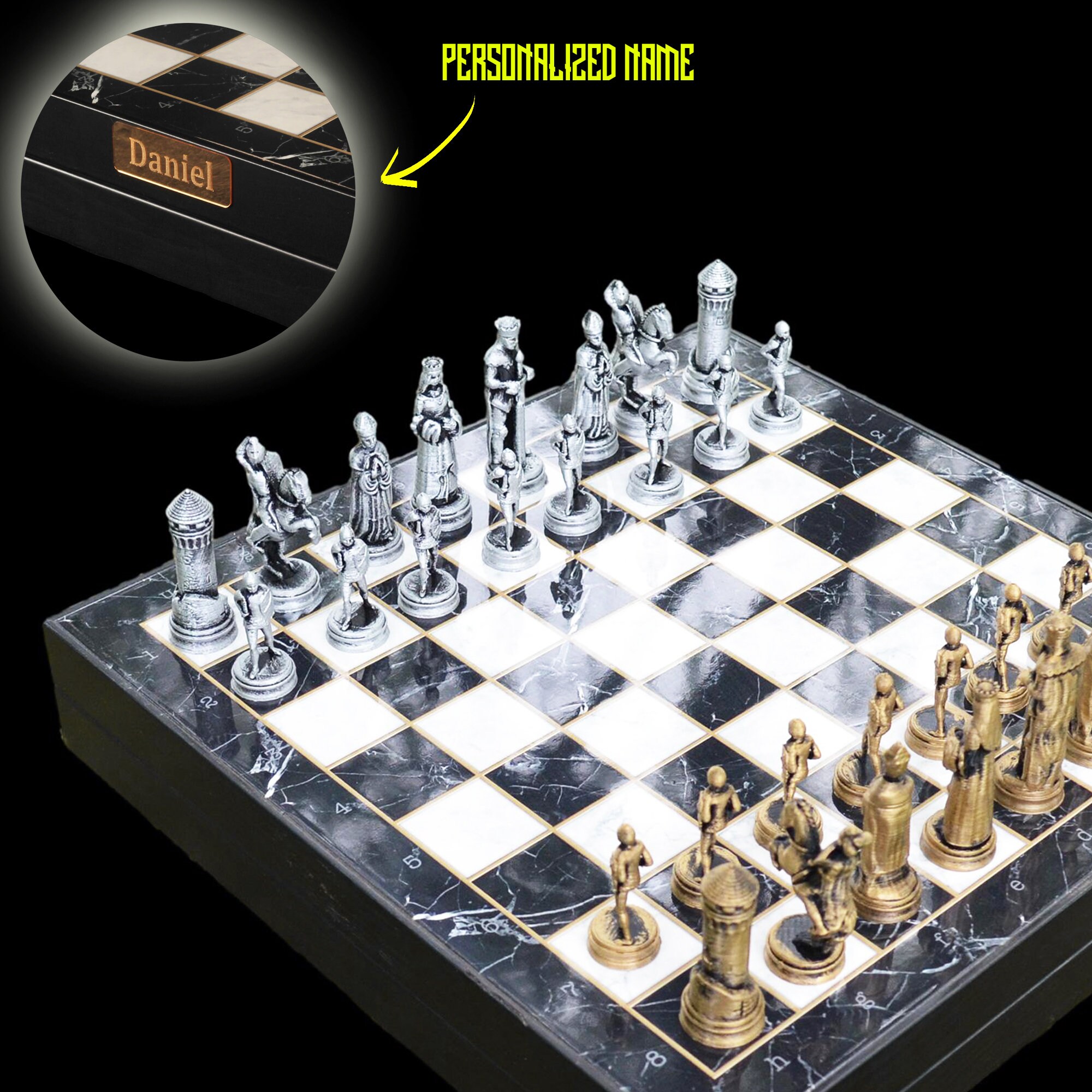 Handmade Metal Chess Set: Marble Pattern Board, Personalized Name Plate ...