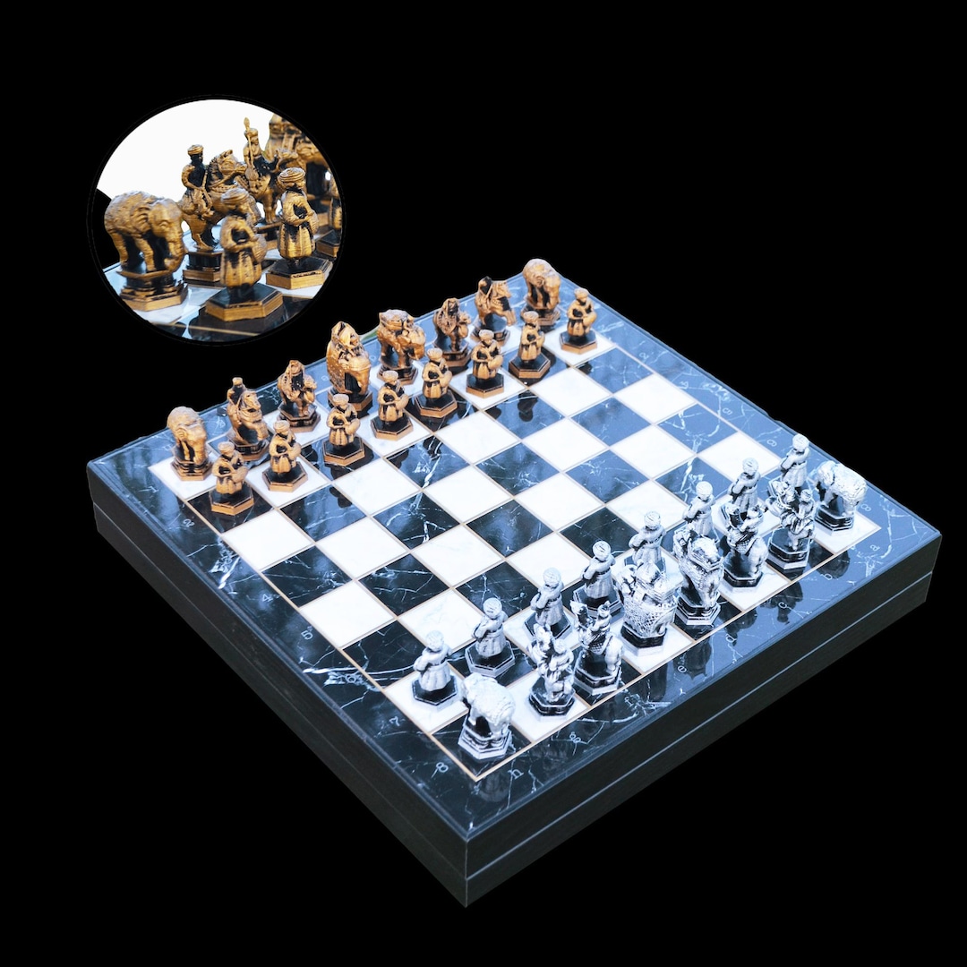 Indian Metal Chess Set With Marble Pattern Personalized Chessboard ...