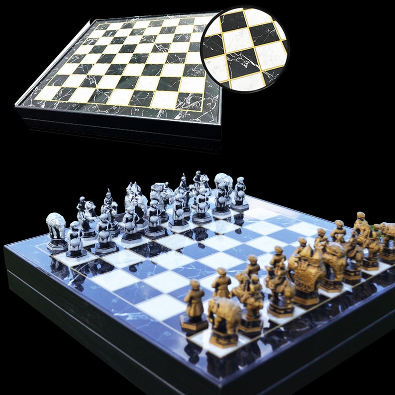 Indian Metal Chess Set With Marble Pattern Personalized Chessboard ...