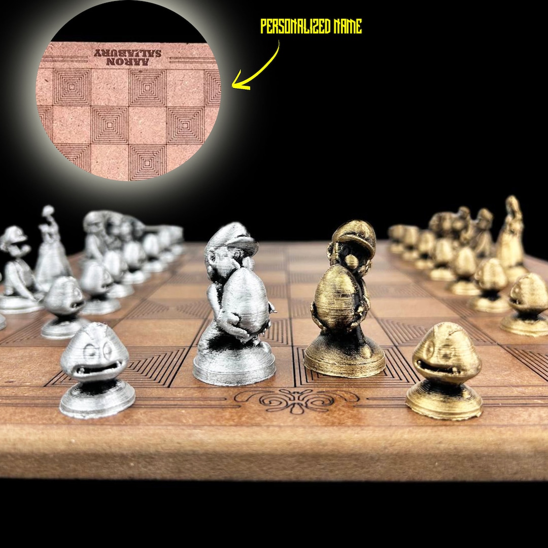 Metal Super Mario Chess Set With Personalized Wooden Board (14 X 14 ...