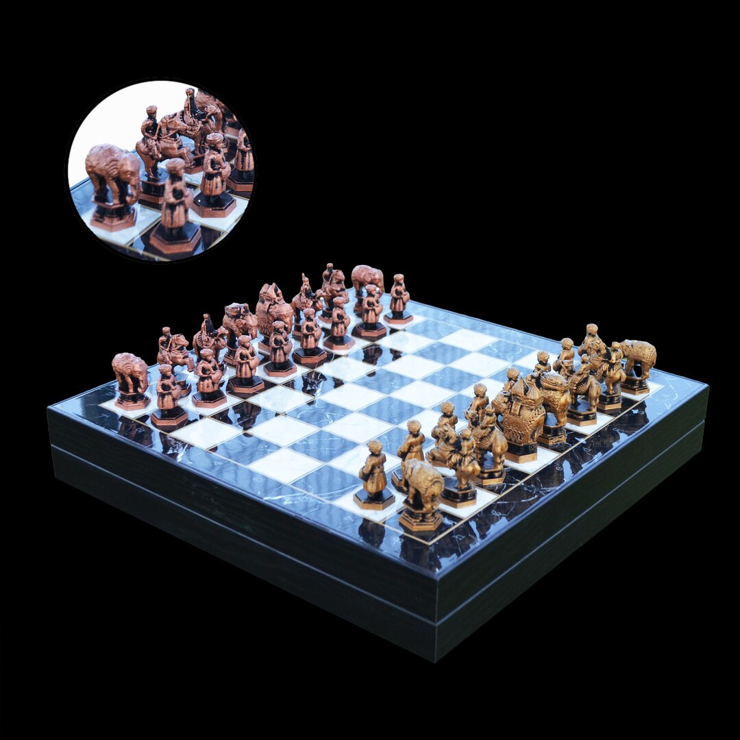 Gift Indian Metal Chess Set With Marble Pattern Personalized Chessboard ...