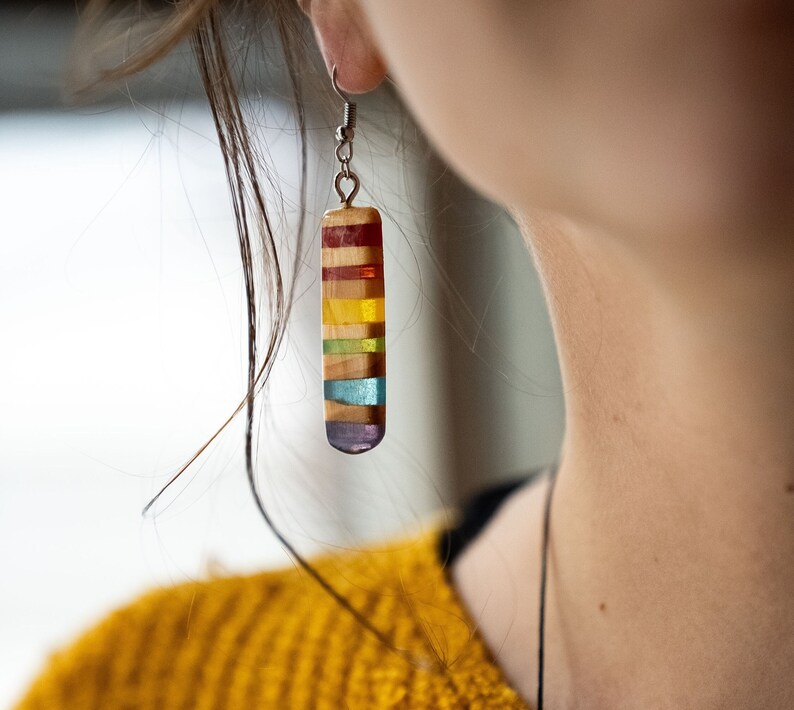 Handcrafted Rainbow Pine Wood Earring - Colorful Epoxy Resin Jewelry - Etsy