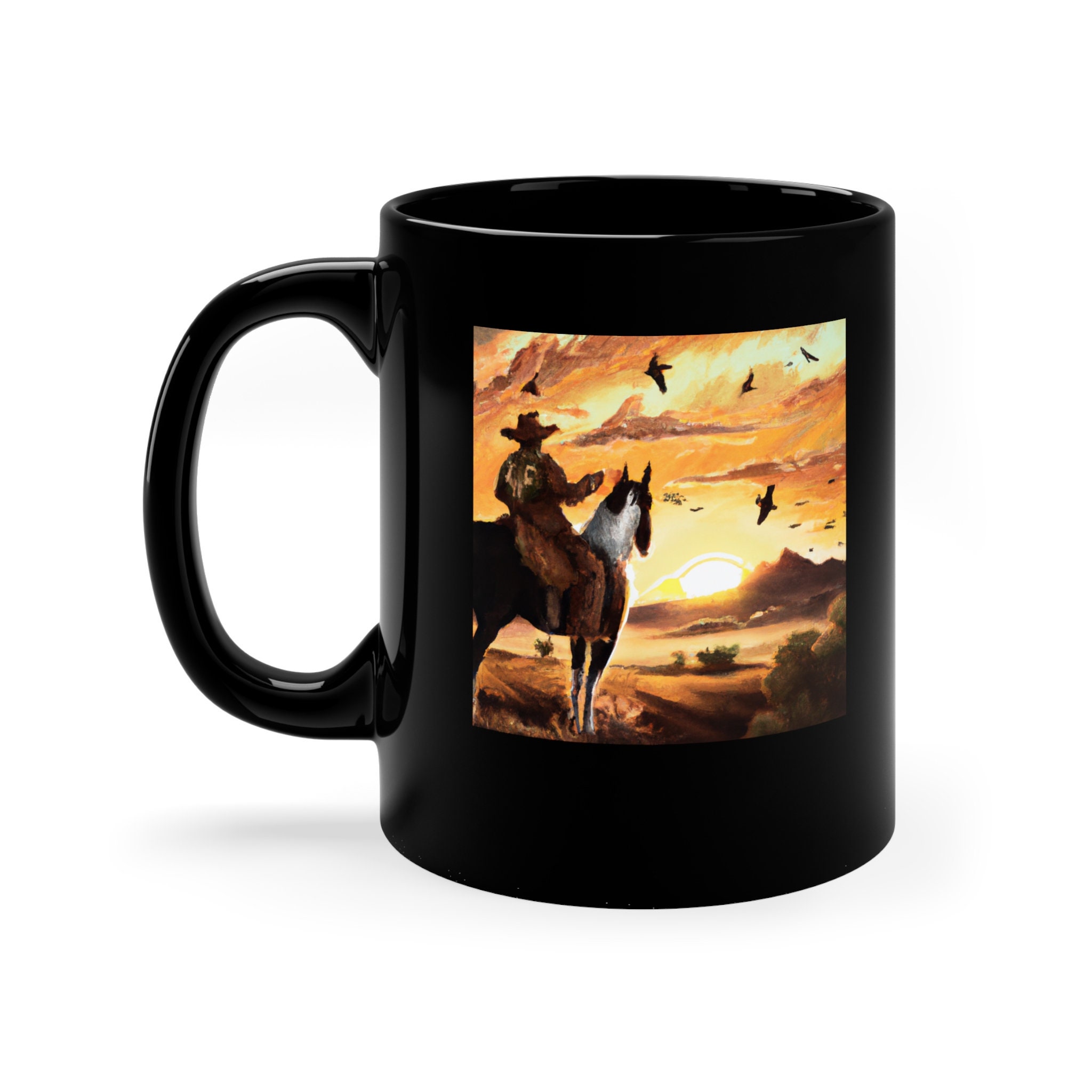 Artistic Country Western Themed Cowboy Riding Into Sunset 11oz Black ...
