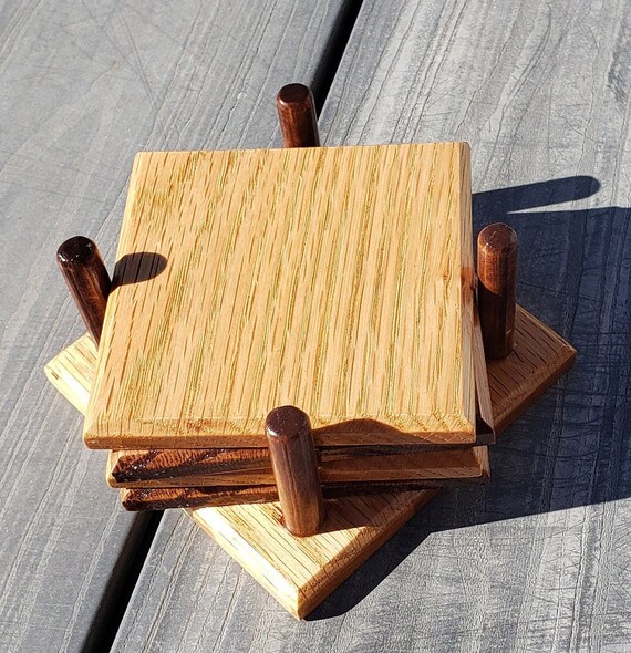 Set of 4 Red Oak Coasters With Holder - Etsy