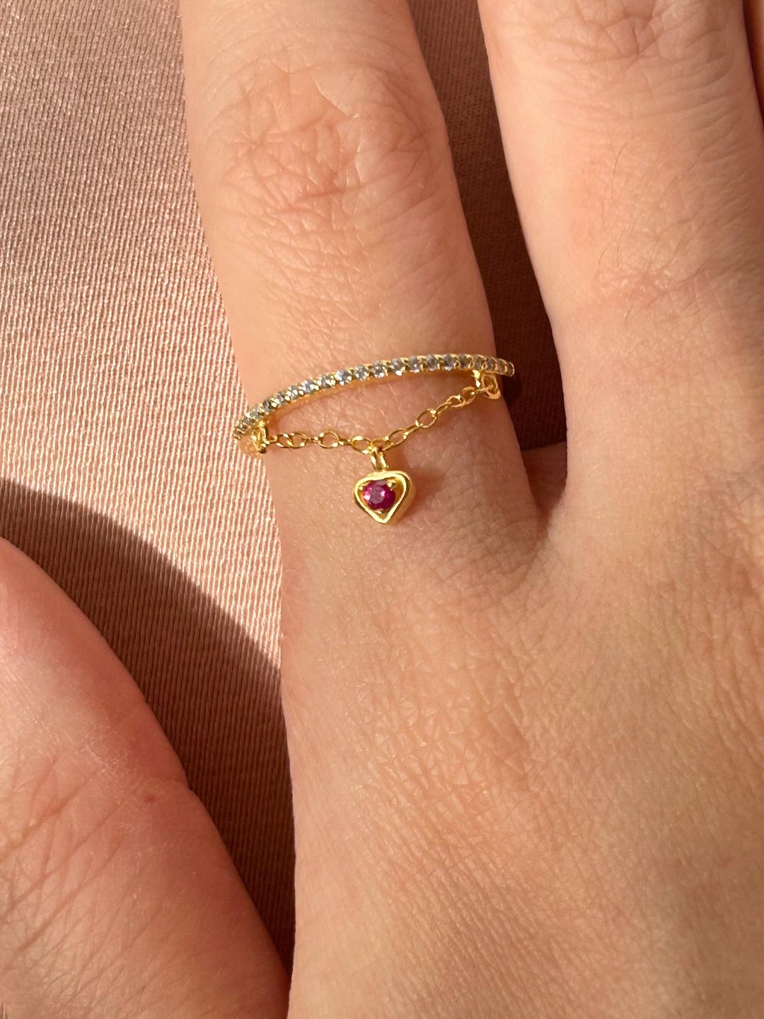 Cora Pink Heart Charm Chain-ring ~ Adjustable Vermeil Ring - Etsy