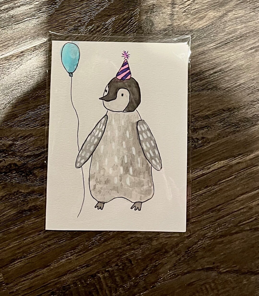 Hand-painted Penguin Birthday Card/ Greeting Card/ Funny Penguin Card ...