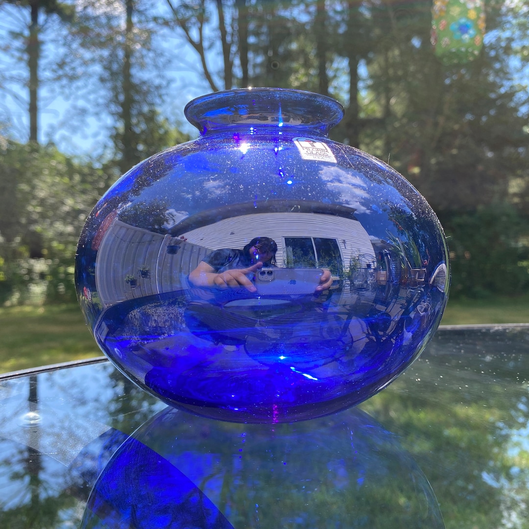 Pilgrim Glass Vintage Cobalt Blue Glass Round Blown Vase 1960s Vintage Glass Mid Century Modern