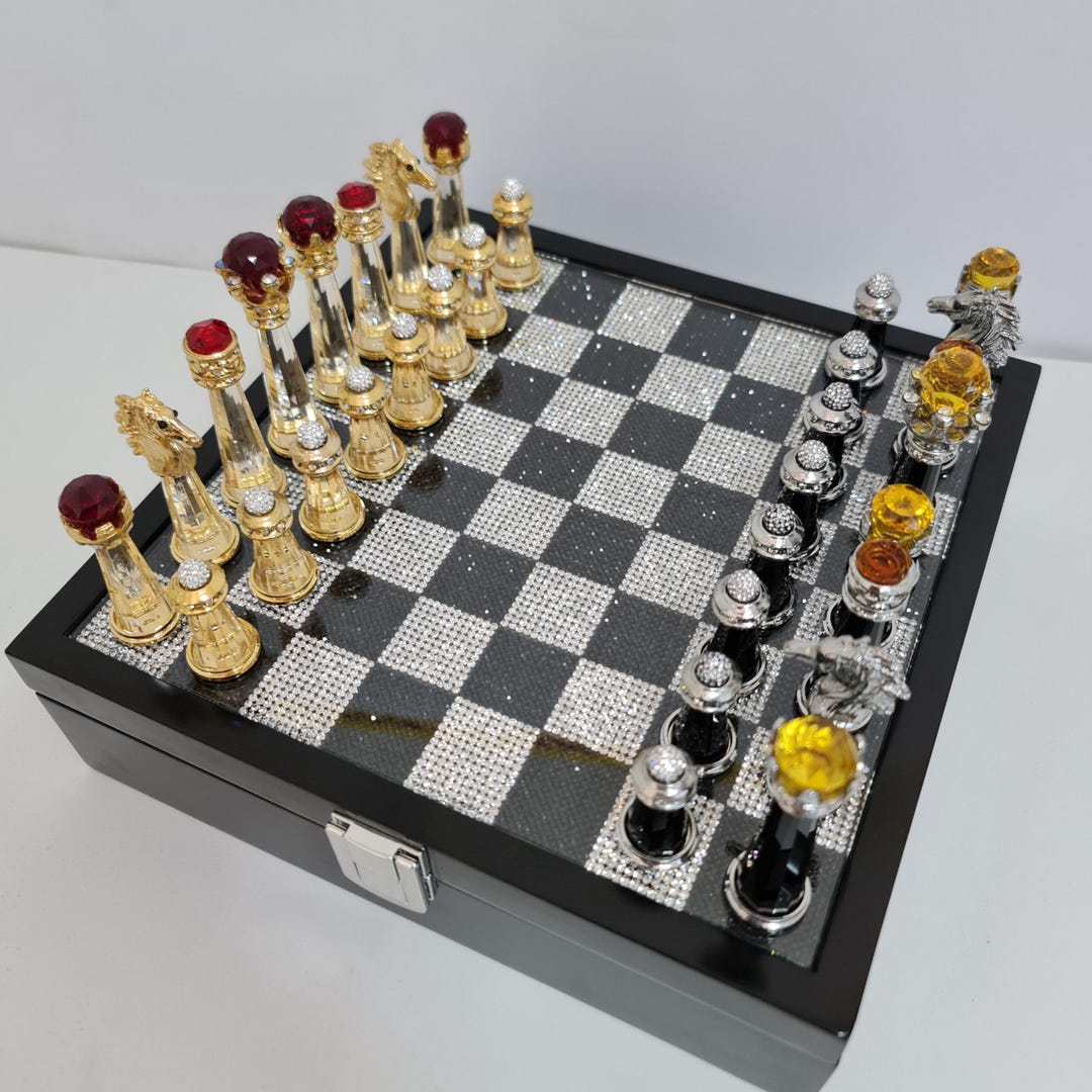 Limited Edition Luxurious Asfour Crystal Chess Set, Handcrafted 24K Gold & Chrome Plated With ...