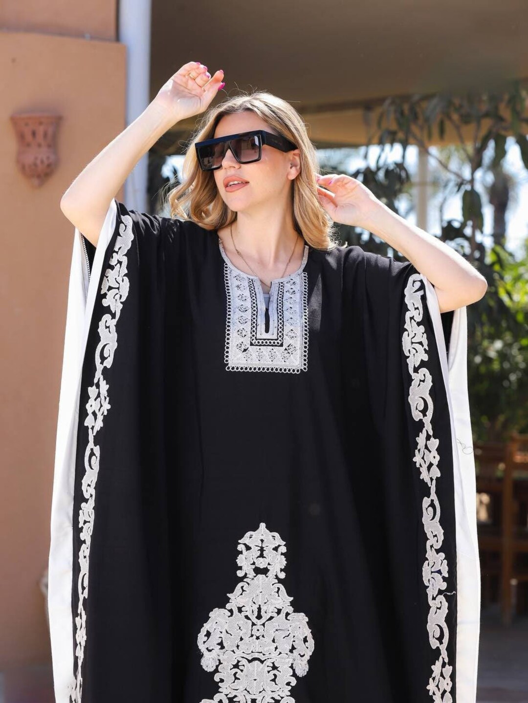 Elegant Embroidered Black Plus Size Kaftan, Loose Fit Bohemian Caftan ...