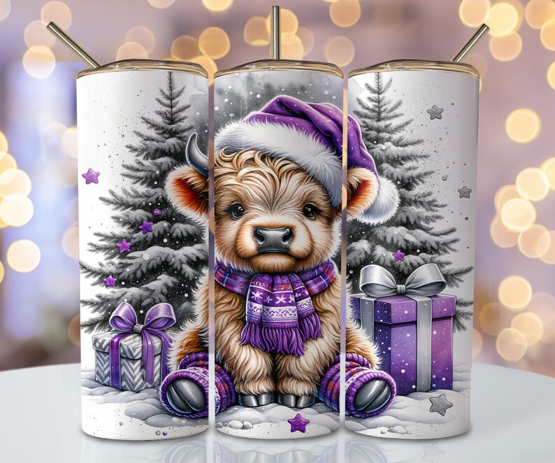 Christmas Highland Cow Tumbler Wrap, 20oz Skinny Sublimation Tumbler ...