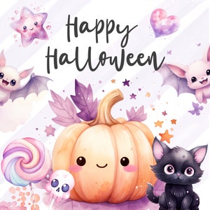 60+ Lilac Halloween Clipart Bundle Pastel Kawaii Pumpkin Clipart PNG ...