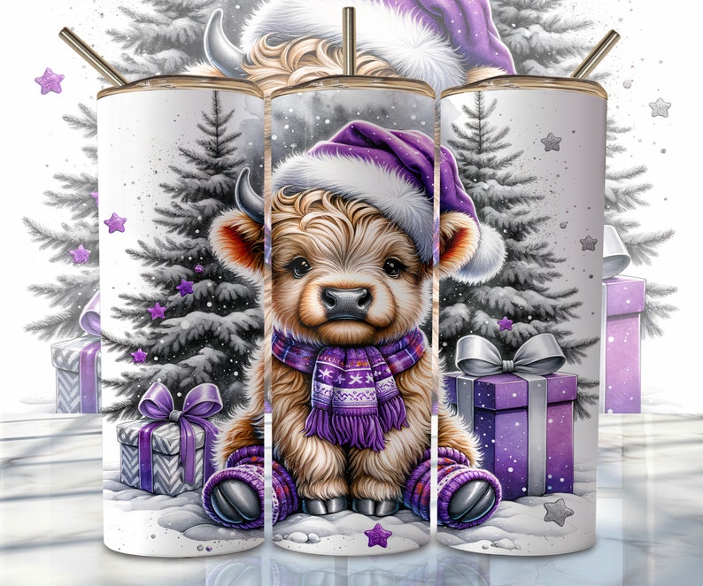 Christmas Highland Cow Tumbler Wrap, 20oz Skinny Sublimation Tumbler ...