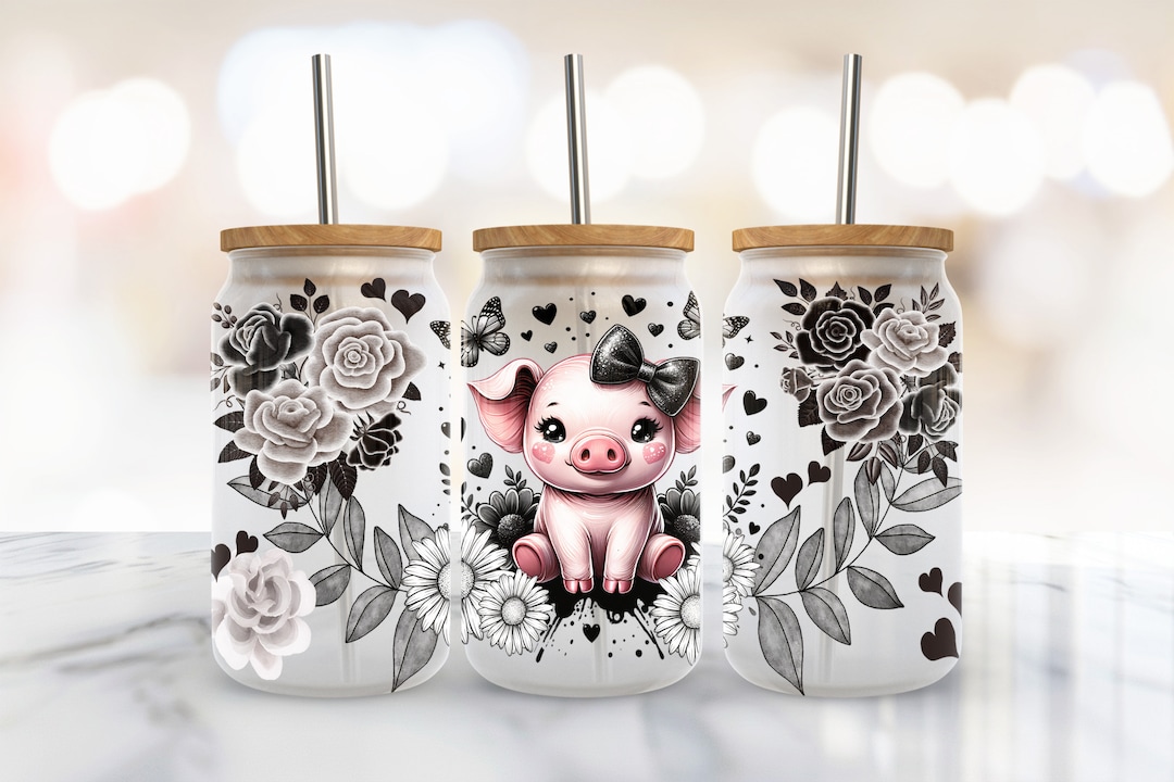 Cute Pig 16 Oz Libbey Glass Wrap, Libbey Glass Design Png, 16 Oz Glass ...
