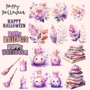 60+ Lilac Halloween Clipart Bundle Pastel Kawaii Pumpkin Clipart PNG ...