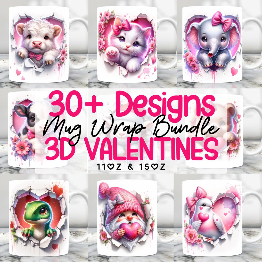 3D Valentines Mug Bundle Png, 11oz Mug and 15oz Mug Wrap, Mug ...