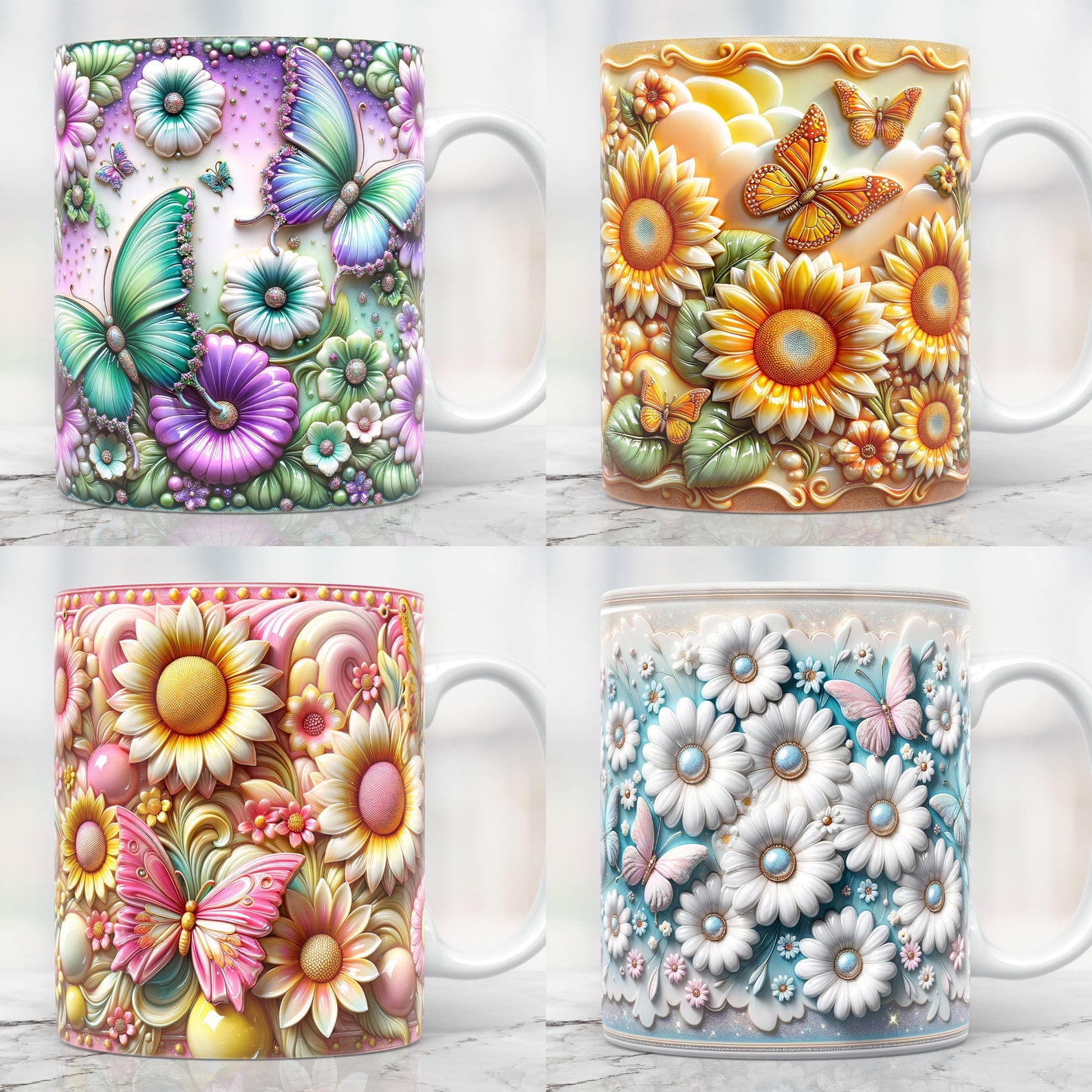 3D Butterfly Mug Wrap Bundle, Floral Mug Sublimation Bundle Png, 11oz ...